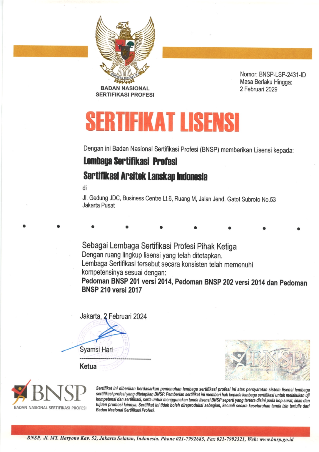Sertifikat Lisensi BNSP – LSP SARLINDO